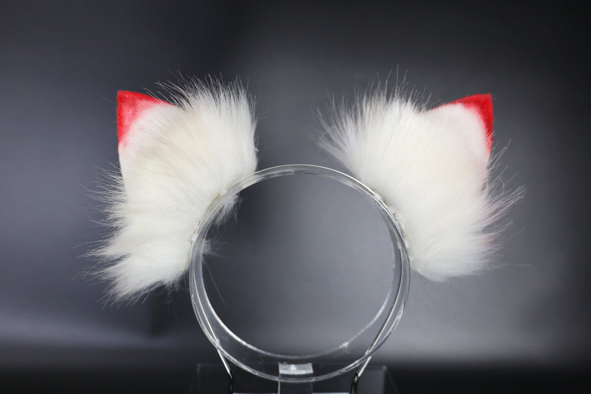 Faux fur 3 tailed kitsune tail and ear set red white 3 fox tails and e ...
