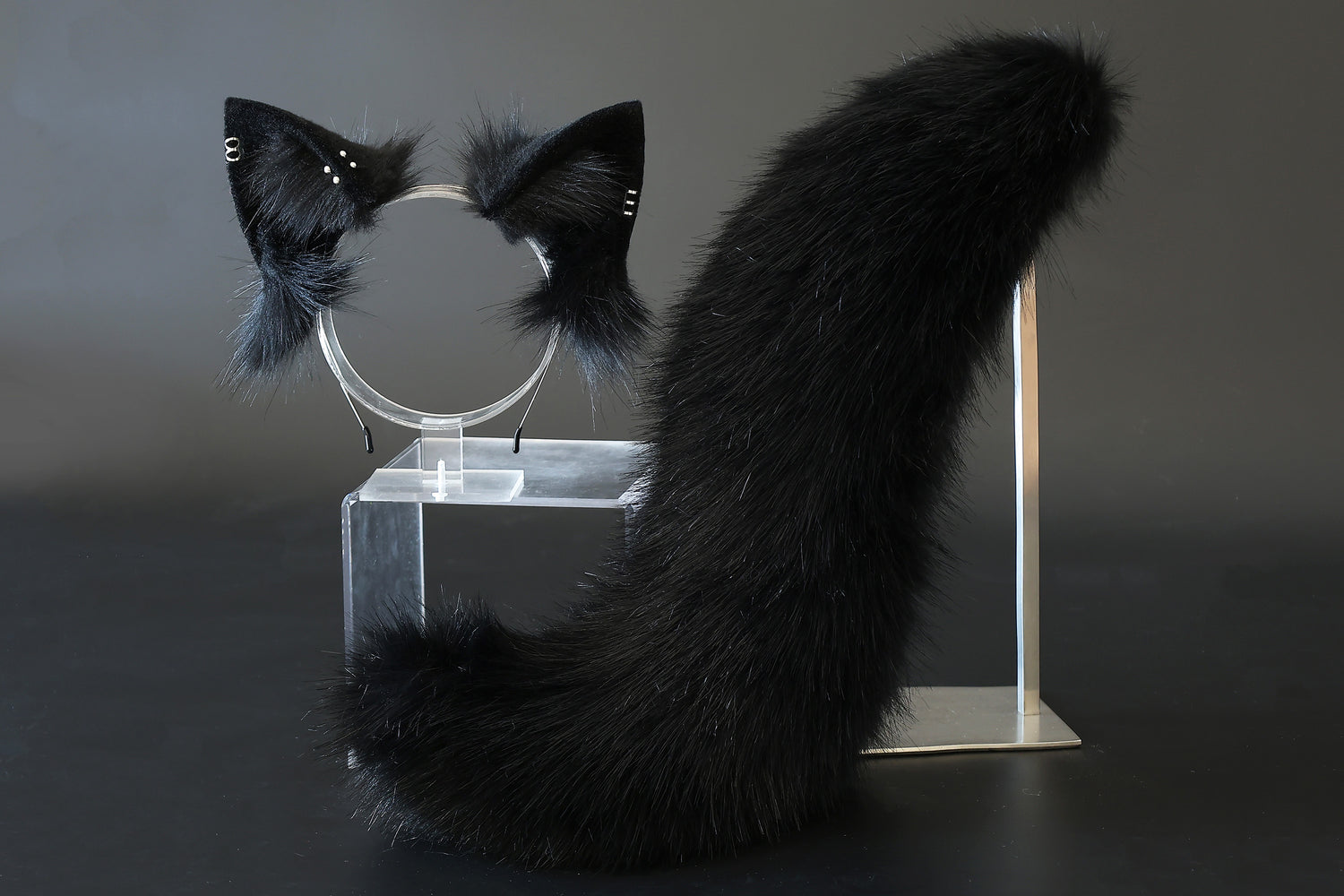 Black faux fur fox tail plug and ear set splicing wolf ear and tail an ...