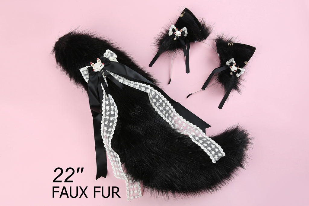 Black faux fur fox tail plug and ear wolf tail buttplug and ear kitten ...