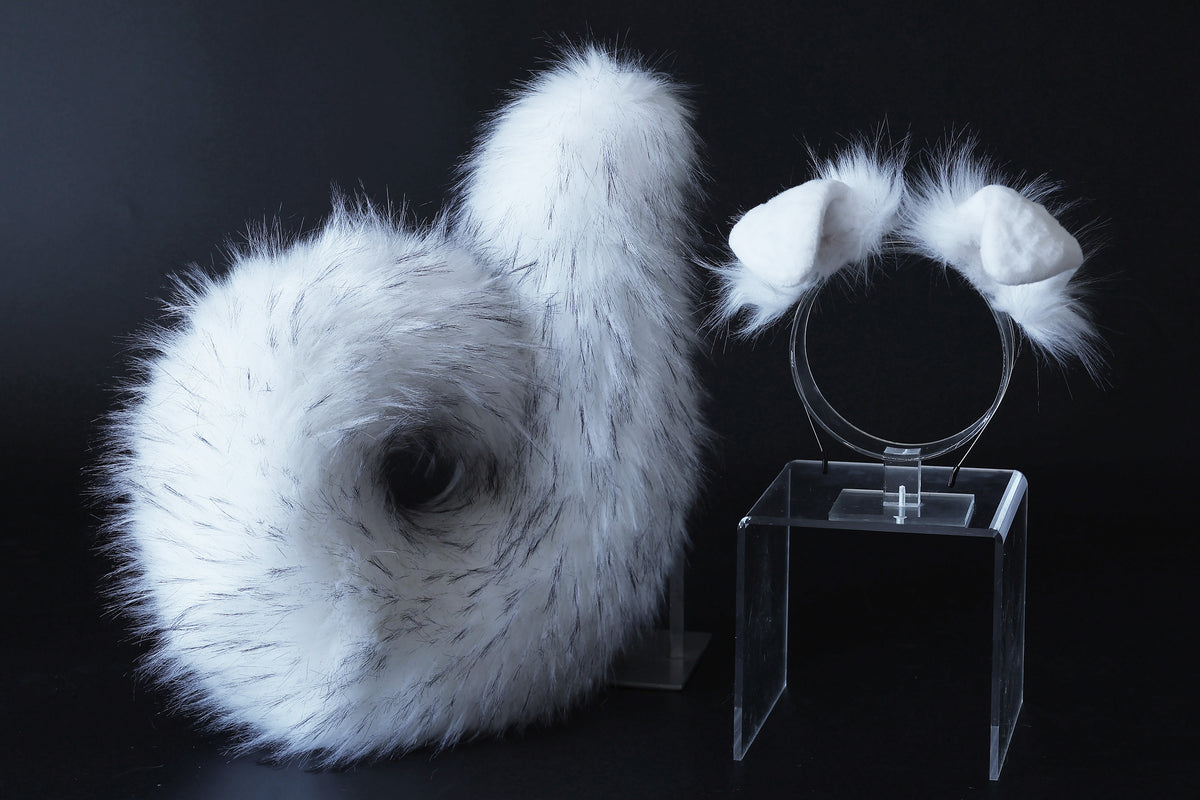 Faux fur puppy ear and tail plug realistic white with black tip fake f ...