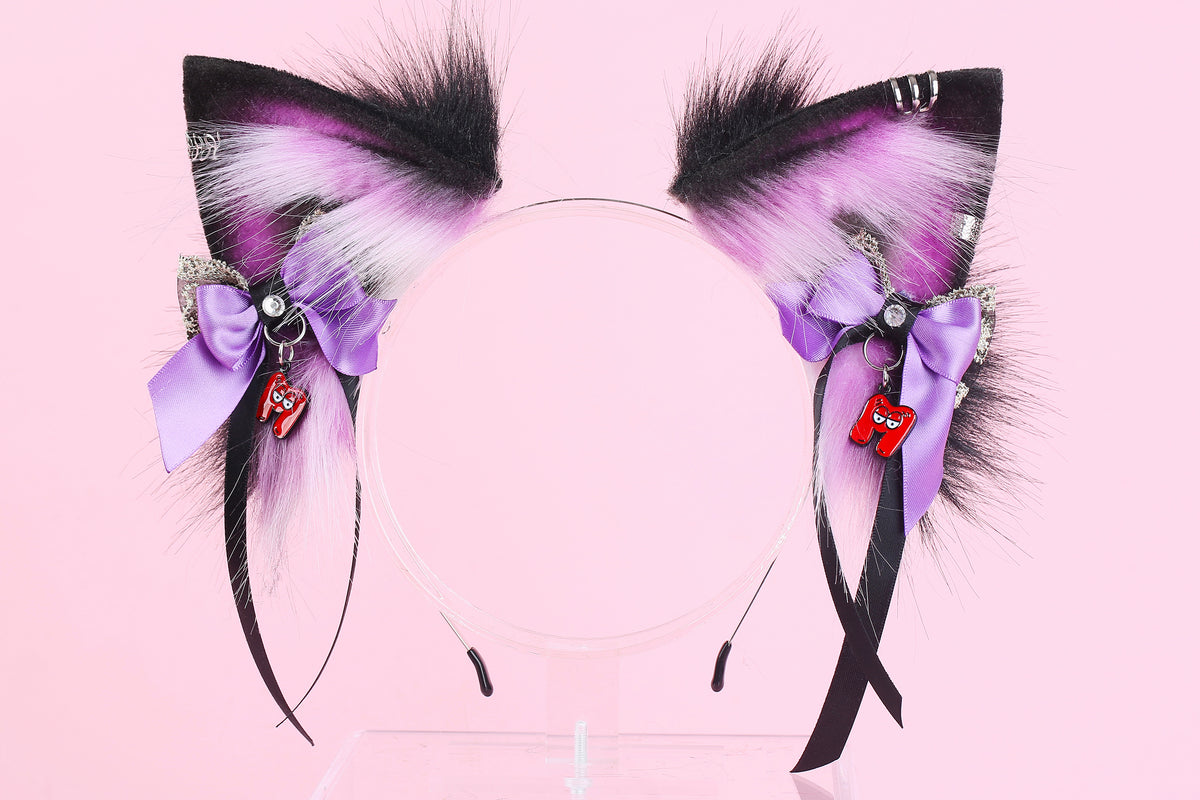 purple black faux fur fox tail plug and ear wolf tail buttplug and ear ...