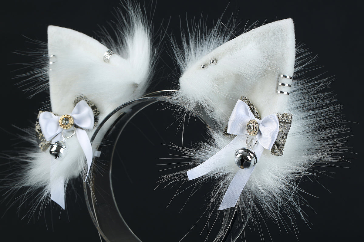 White faux fur fox tail plug and ear wolf tail buttplug and ear kitten ...