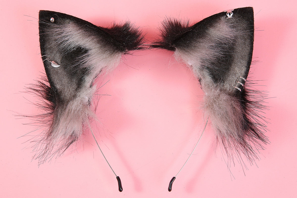 Black gray faux fur fox tail plug and ear wolf tail buttplug and ear k ...