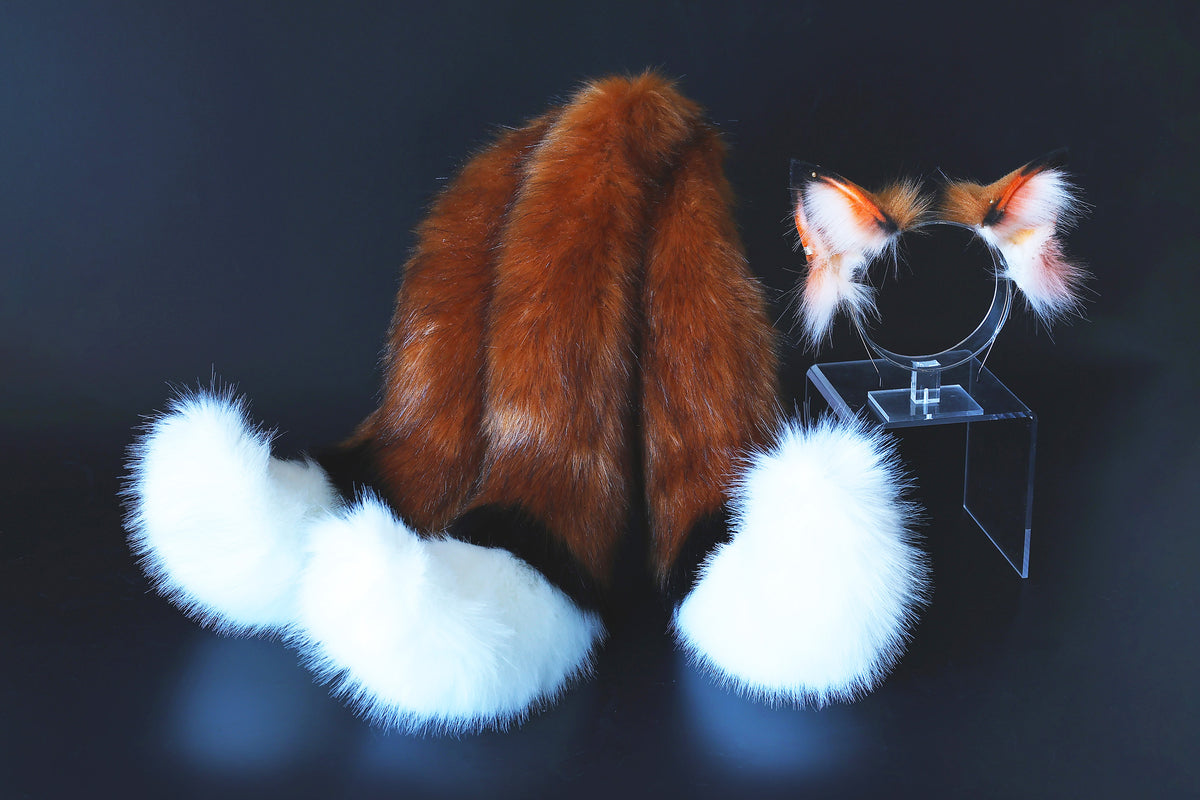 Faux fur 3 tailed kitsune tail plug and ear set 3 fox tails and ears k ...
