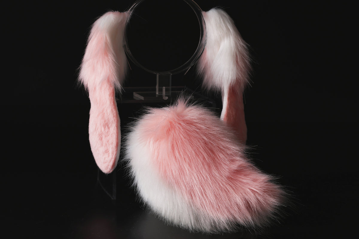 Pink white soft lop bunny ear and tail cosplay realistic faux fur flop ...