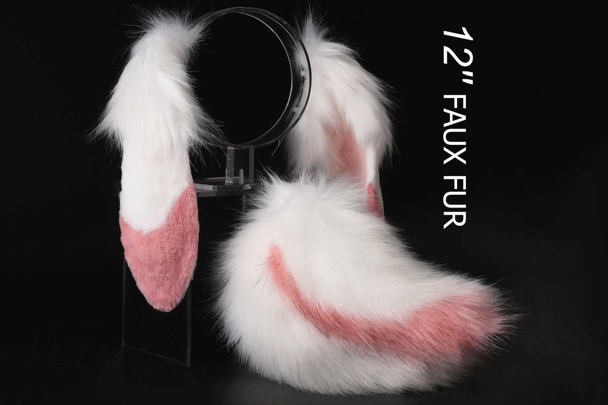 Pink white soft lop bunny ear and tail cosplay realistic faux fur flop ...