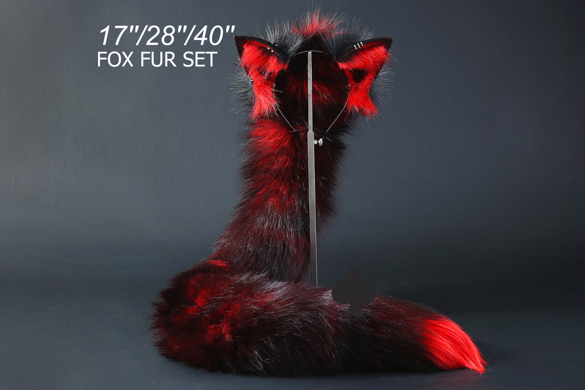 Red black real fur fox tail plug and ear set - fox ear and tail buttpl ...