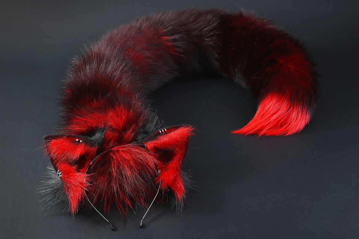 Red black real fur fox tail plug and ear set - fox ear and tail buttpl ...