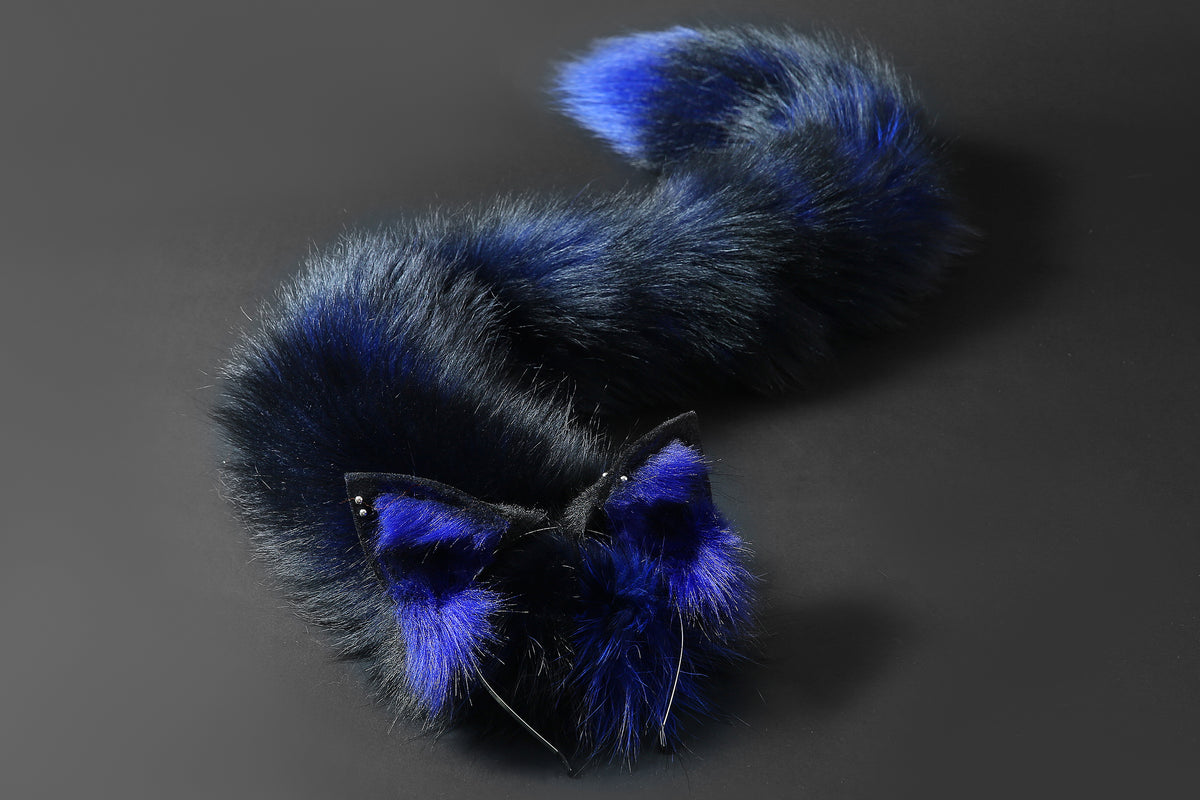 Blue fox tail and ear set fox ear and tail cosplay wolf tail and ear c ...