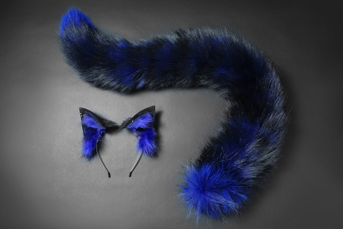 Blue fox tail and ear set fox ear and tail cosplay wolf tail and ear c ...