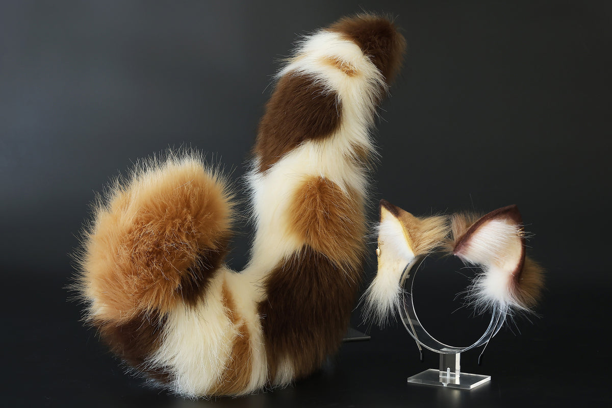 Realistic calico faux fur cat tail and ear kemonomimi kitten ear and t ...