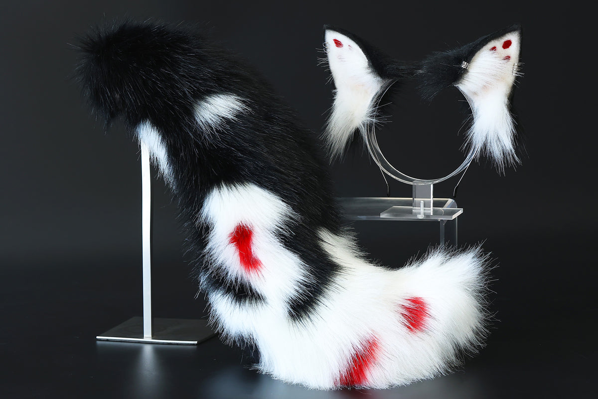 Realistic faux fur fox tail and ear set neon black splicing wolf ear a ...