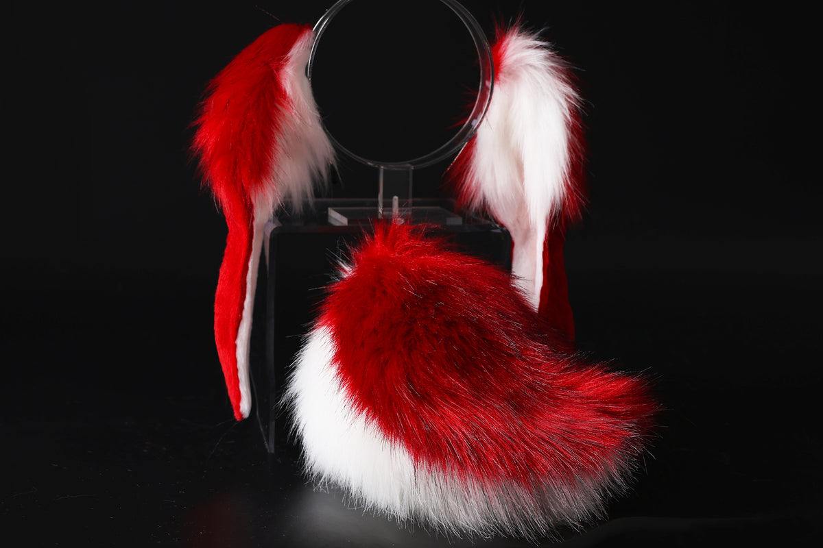 Red white soft lop bunny ear and tail cosplay realistic faux fur long ...