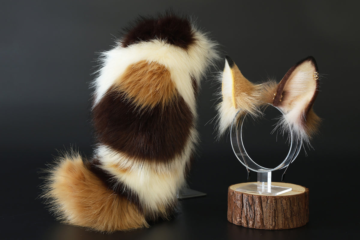 faux fur fluffy calico cat tail and ear splicing kitten tail and ear a ...