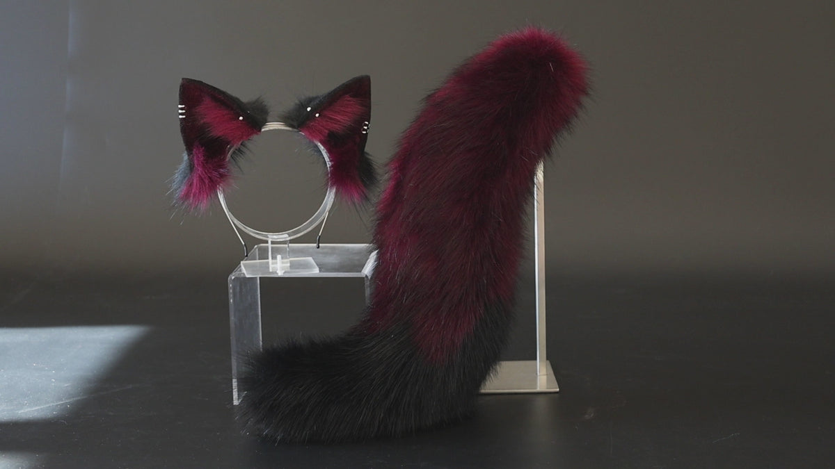 Wine red black faux fur fox tail plug and ear set splicing wolf ear an ...