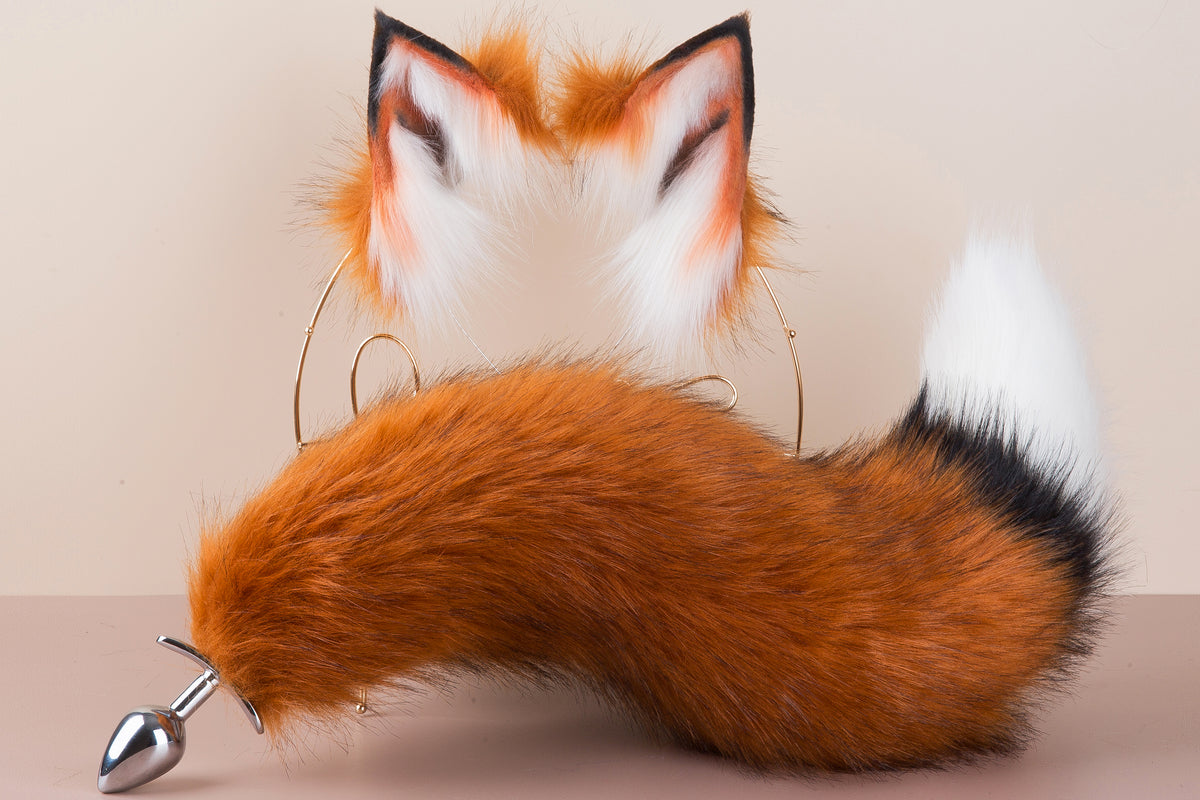 Brown white faux fur fox tail plug and ear wolf tail buttplug and ear ...