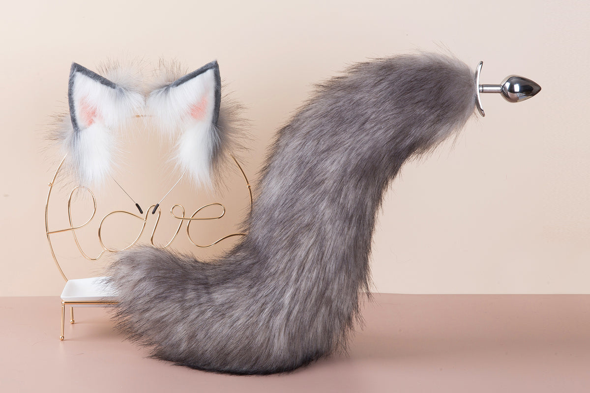 Gray and white faux fur fox tail plug and ear wolf tail buttplug and e ...