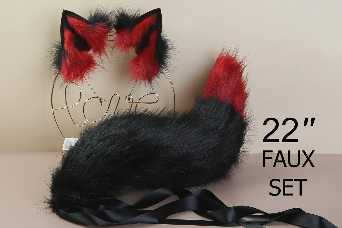 Black Red Fox Tail Plug And Ear Set Wolf Tail Buttplug Ass Faux Fur Ki
