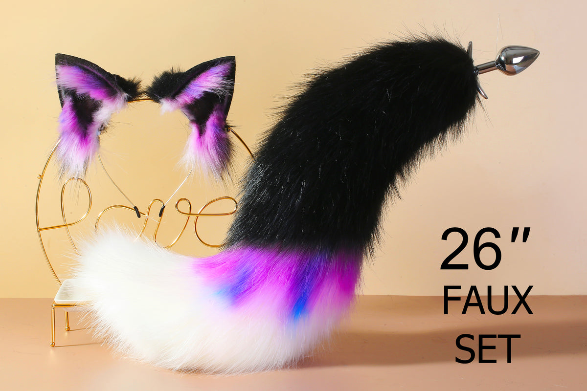 Purple black white fox tail plug and ear neko ear and tail set neko co ...