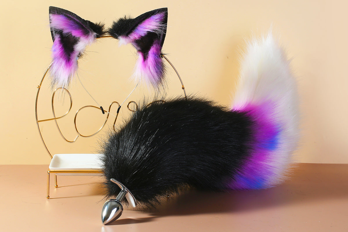 Purple black white fox tail plug and ear neko ear and tail set neko co ...