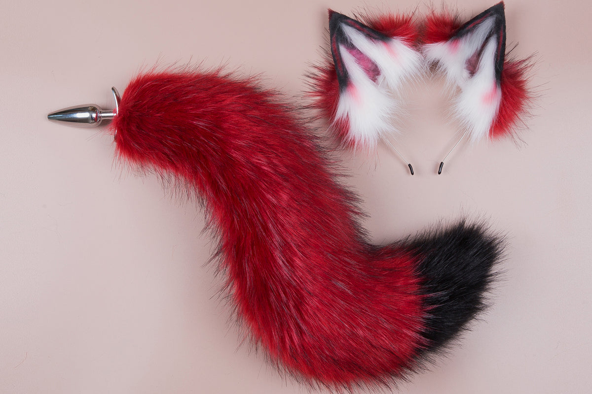 Red and black faux fur fox tail plug and ear wolf tail buttplug and ea ...