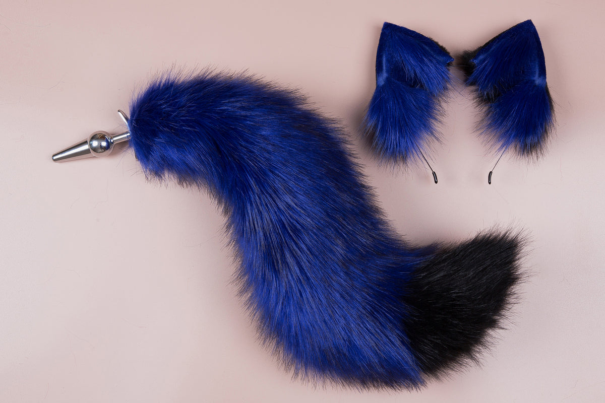 black and blue fox tail plug and ear neko ear and tail set neko cospla ...