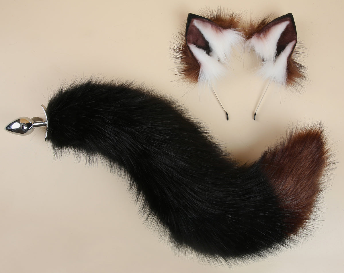 black coffee fox tail plug and ear set curly fox tail butt plug and ea ...