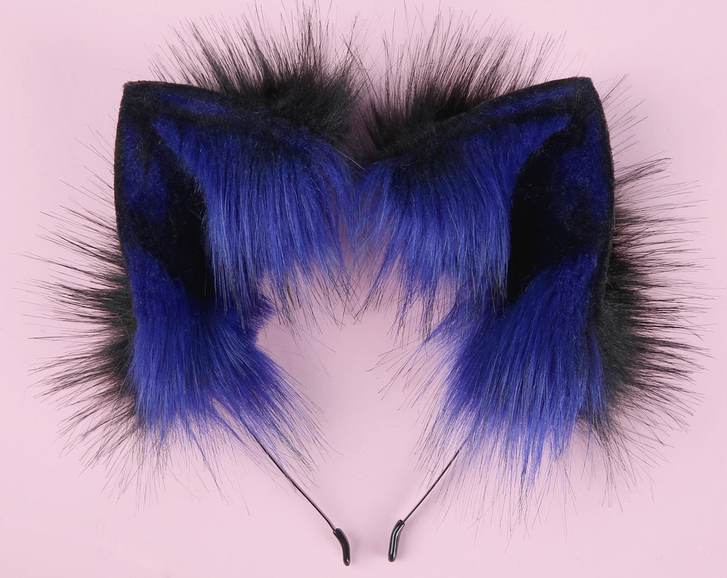 blue black tug tail plug and ear set faux fur fox tail butt plug wolf ...