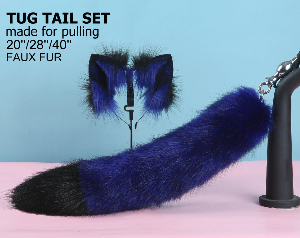 blue black tug tail plug and ear set faux fur fox tail butt plug wolf ...
