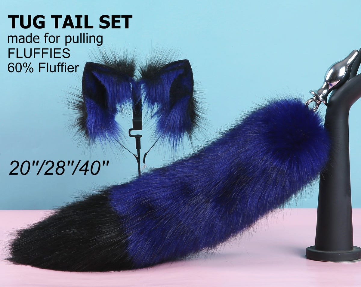 blue black tug tail plug and ear set fluffy fox tail butt plug and ear ...