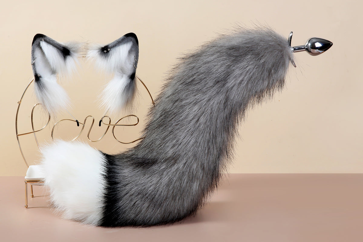 grey fox tail plug and ear set fox ear and tail butt plug wolf tail bu ...