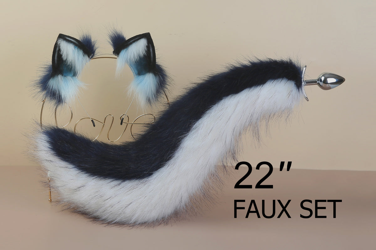 white black blue fox tail plug and ears set detach curly tail butt plu ...