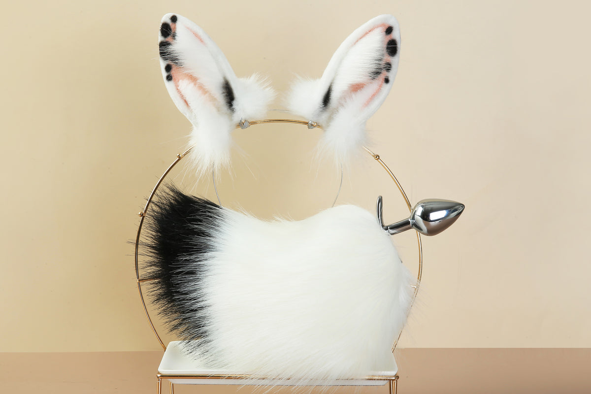 white black bunny tail plug and ear set rabbit tail butt plug and ear ...
