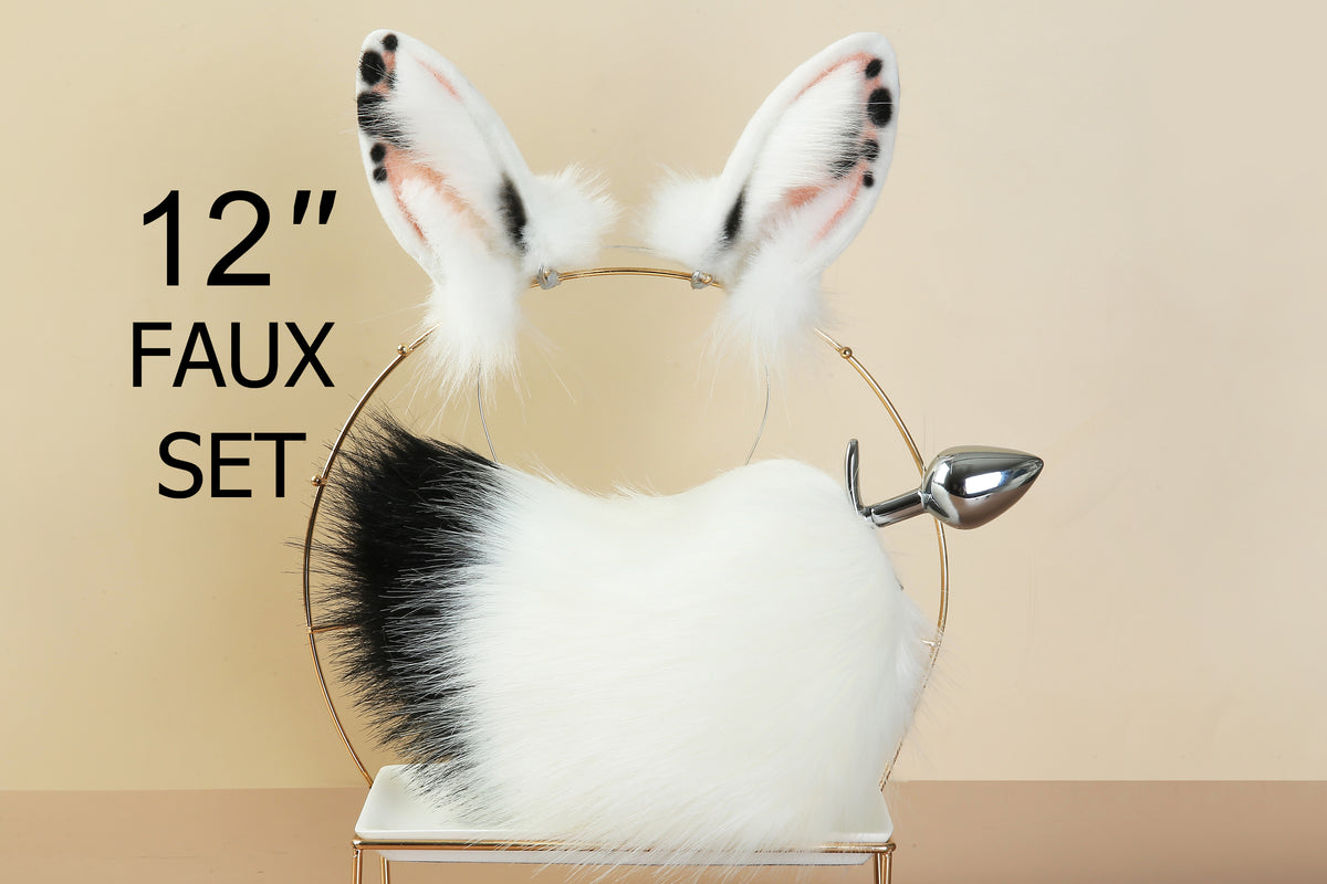 white black bunny tail plug and ear set rabbit tail butt plug and ear ...