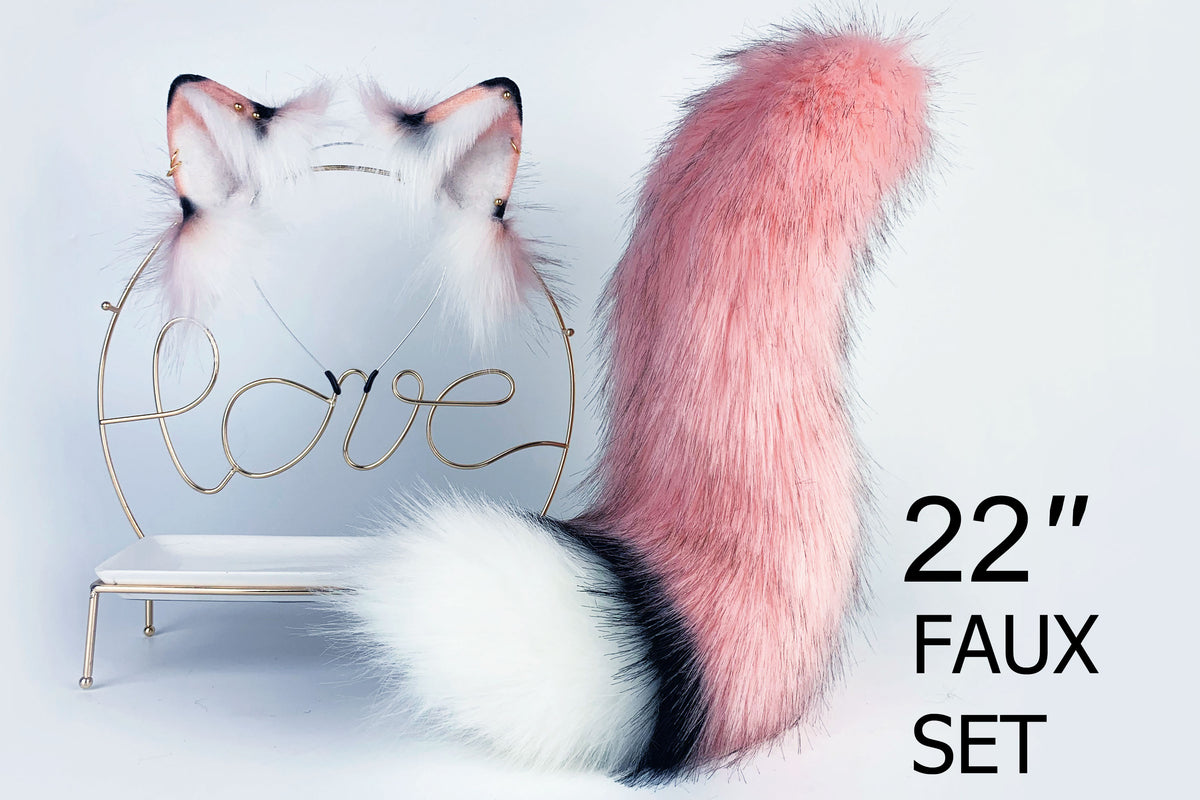 White Pink Fox Ear And Tail Plug Set Detach Curly Tail Butt Plug Wolf